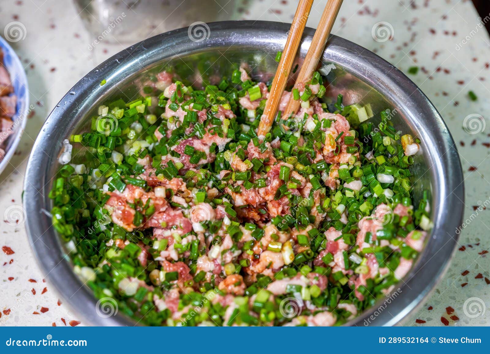 A Bowl of Fresh Pork Chive Bun Stuffing Stock Photo - Image of pork ...