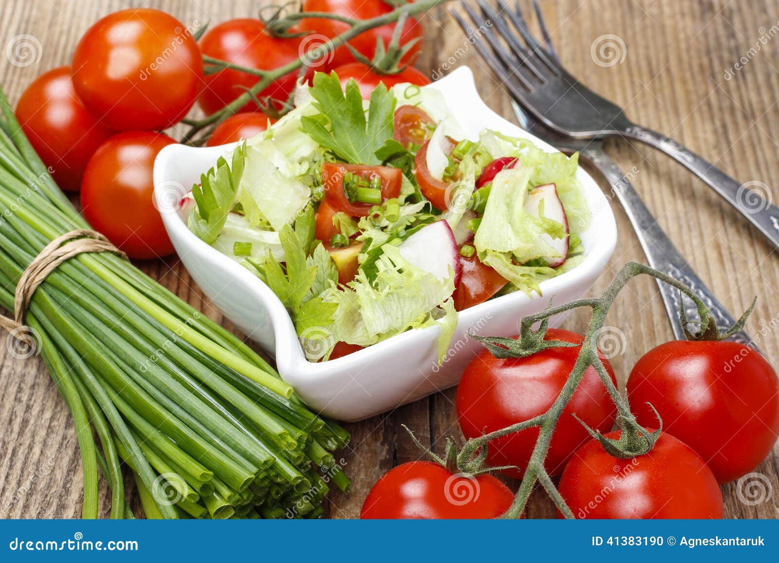 Bowl of Fresh Salad on Rustic Wooden Table Stock Photo - Image of leaf ...