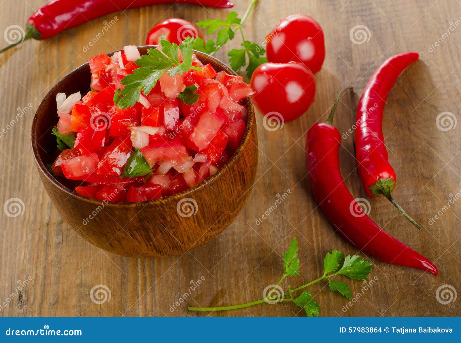 Bowl of Fresh Salsa Dip on Wooden Table. Stock Photo - Image of salsa ...