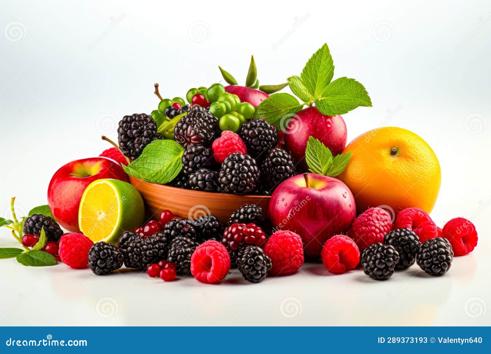 Bowl of Fruit with Variety of Berries, Apples, Oranges, and Raspberries ...