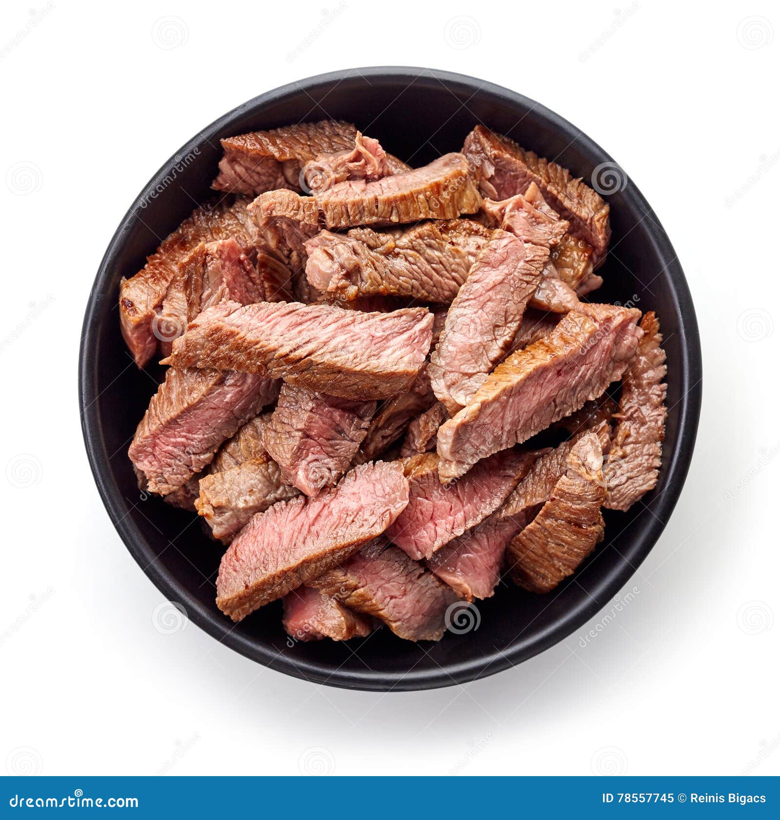 Bowl of Grilled Beef Slices Isolated on White, from Above Stock Image ...