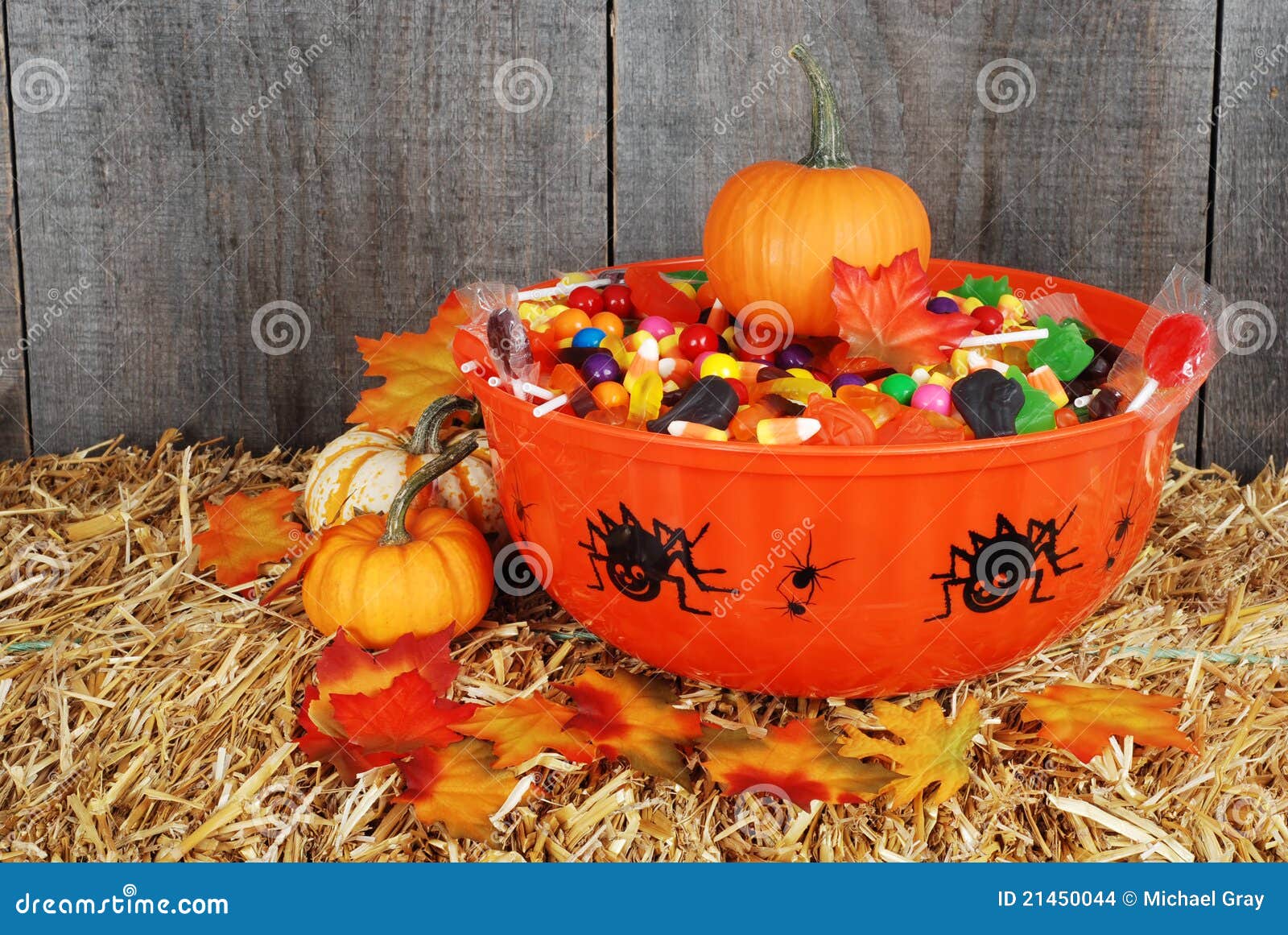 Bowl of Halloween Candy with Fall Leaves Stock Photo - Image of heap ...