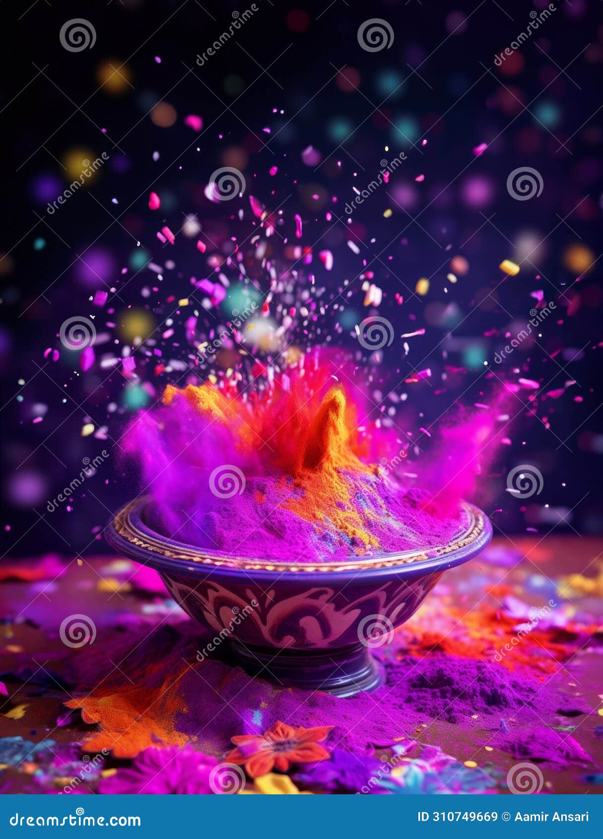 Bowl of Holi Powder Explode Vibrant Colors Against a Purple Backdrop ...