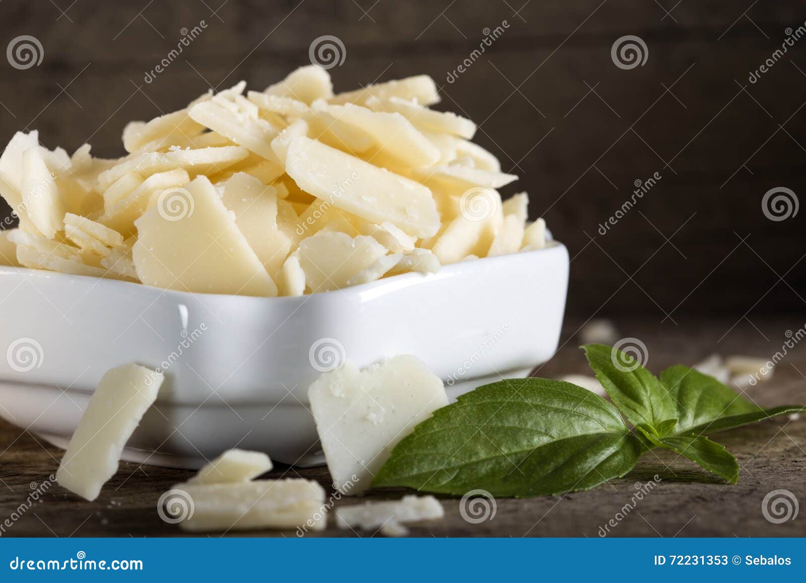 Bowl with Parmesan Cheese Flakes Stock Image - Image of tasty, basil ...