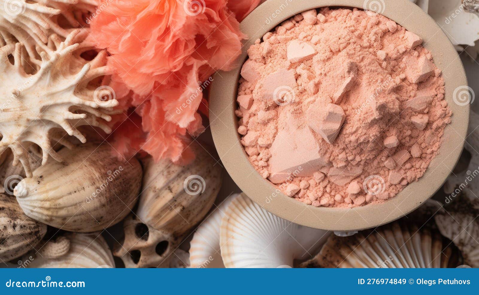 A Bowl of Pink Powder Next To Shells and Corals Stock Illustration ...