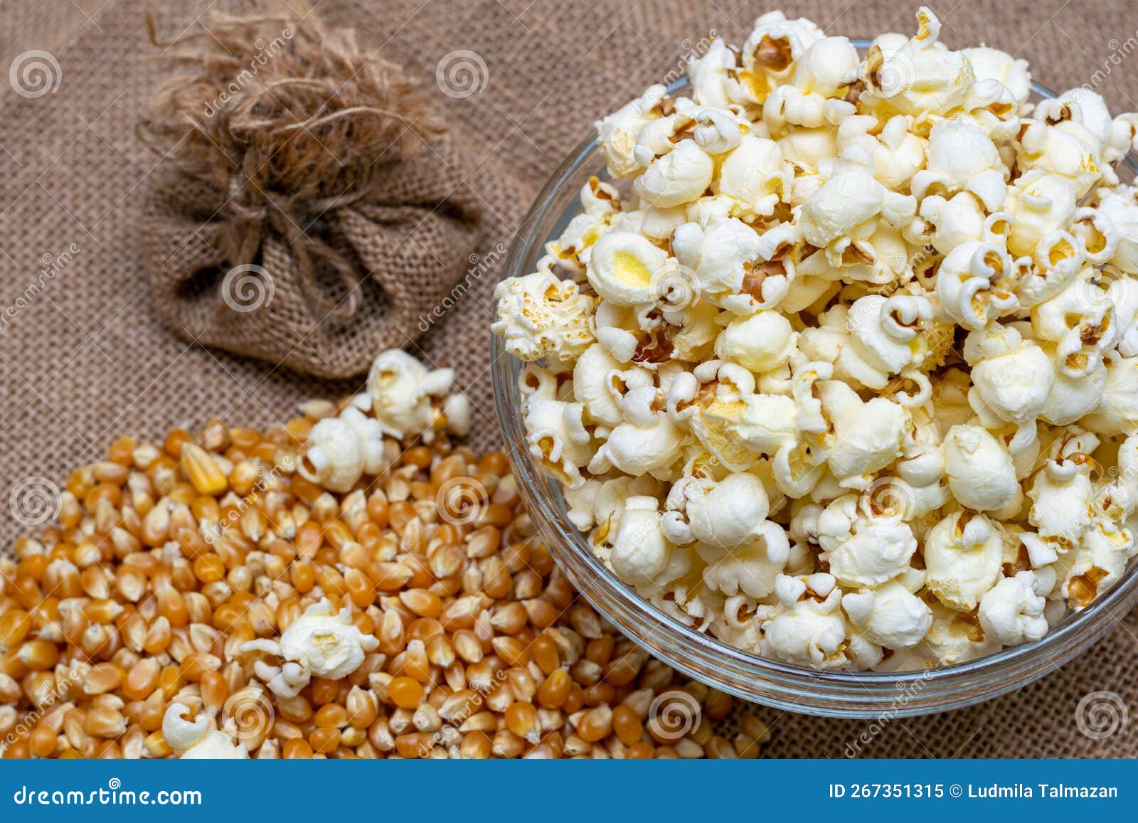 Bowl of Popcorn on Burlap Table in Rustic Style with Corn Seeds, Eco ...