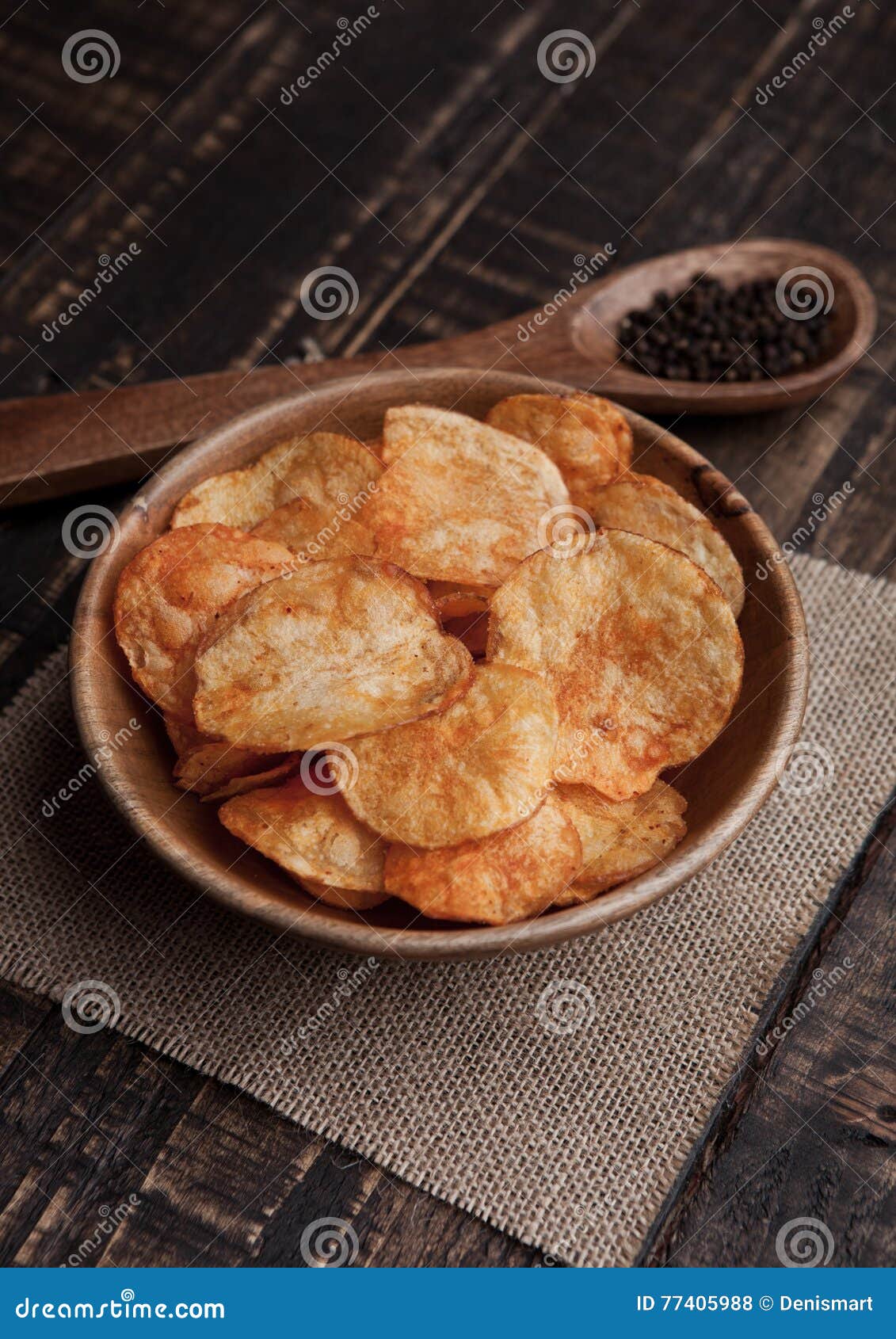 Bowl with Potato Crisps Chips with Pepper on Wood Stock Photo - Image ...