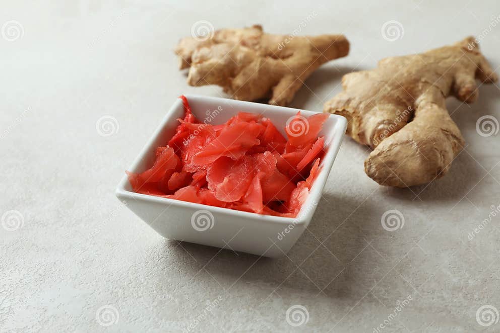Bowl with Red Pickled Ginger and Ginger on White Textured Background ...