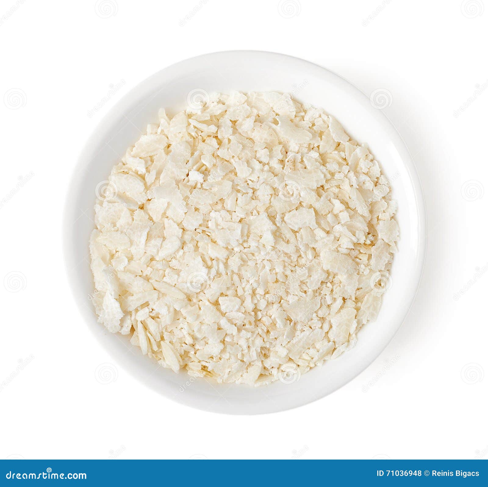 Bowl of Rice Flakes Isolated on White, Top View Stock Photo - Image of ...