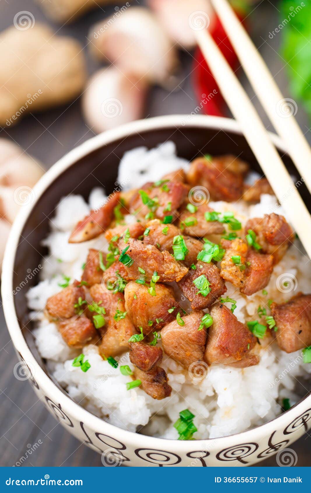 Bowl of rice with meat stock image. Image of dinner, healthy - 36655657