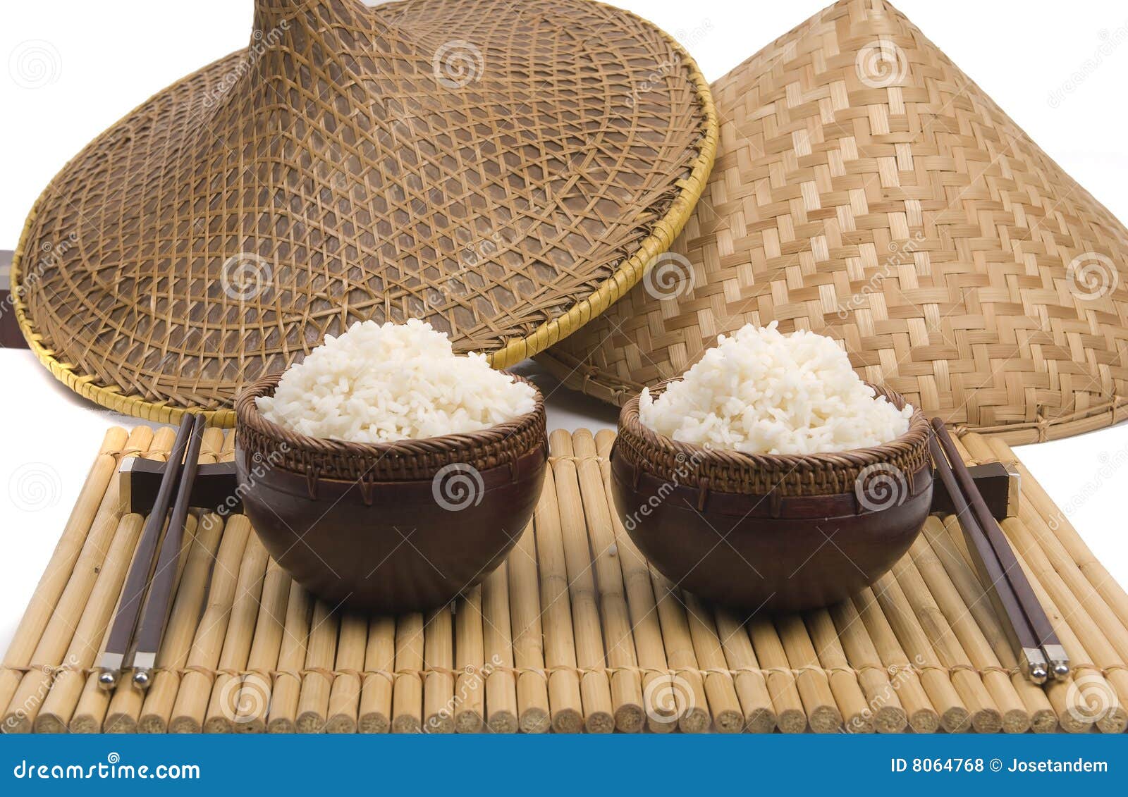 Bowl of Rice with Oriental Sticks and Hats Stock Photo - Image of ...