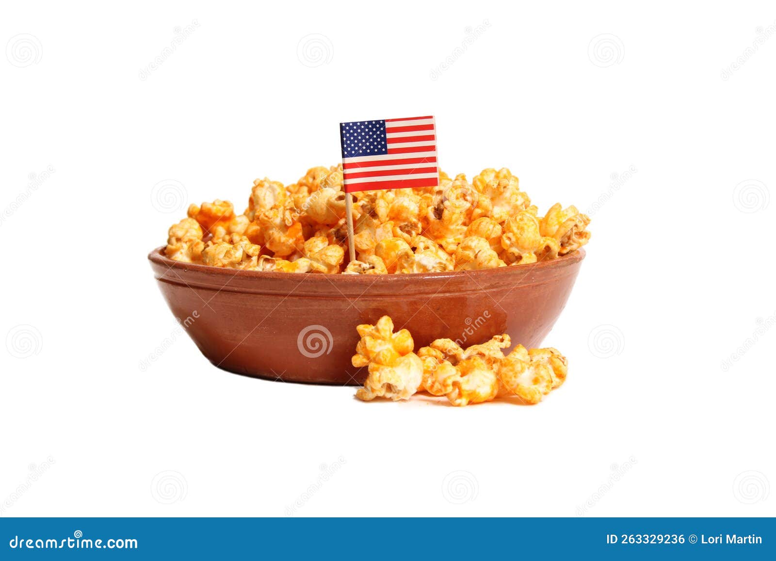 Bowl of Spicy Cheese Popcorn in Bowl with American Flag on White ...