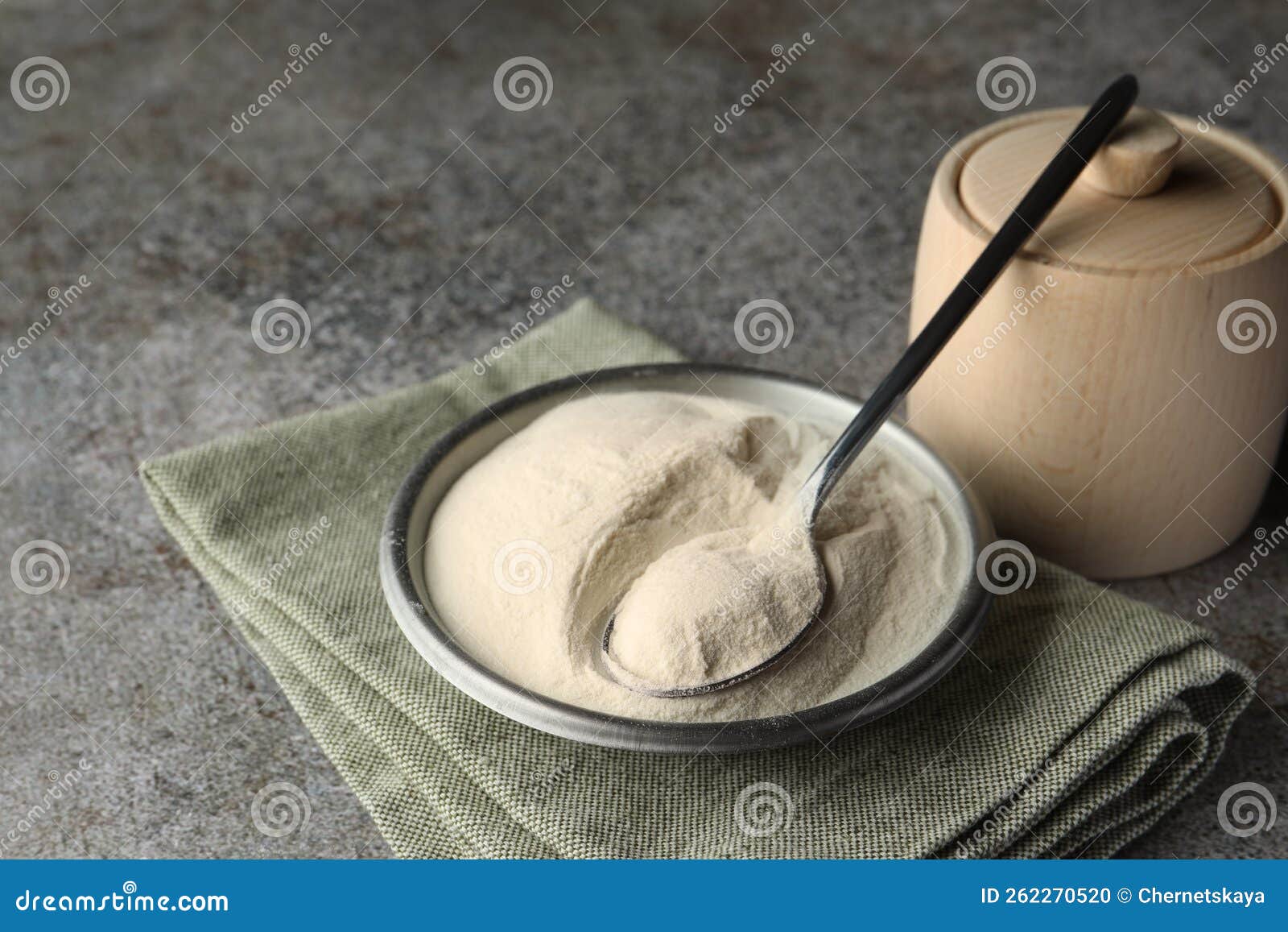 Bowl, Spoon and Box of Agar-agar Powder on Grey Table Stock Photo ...