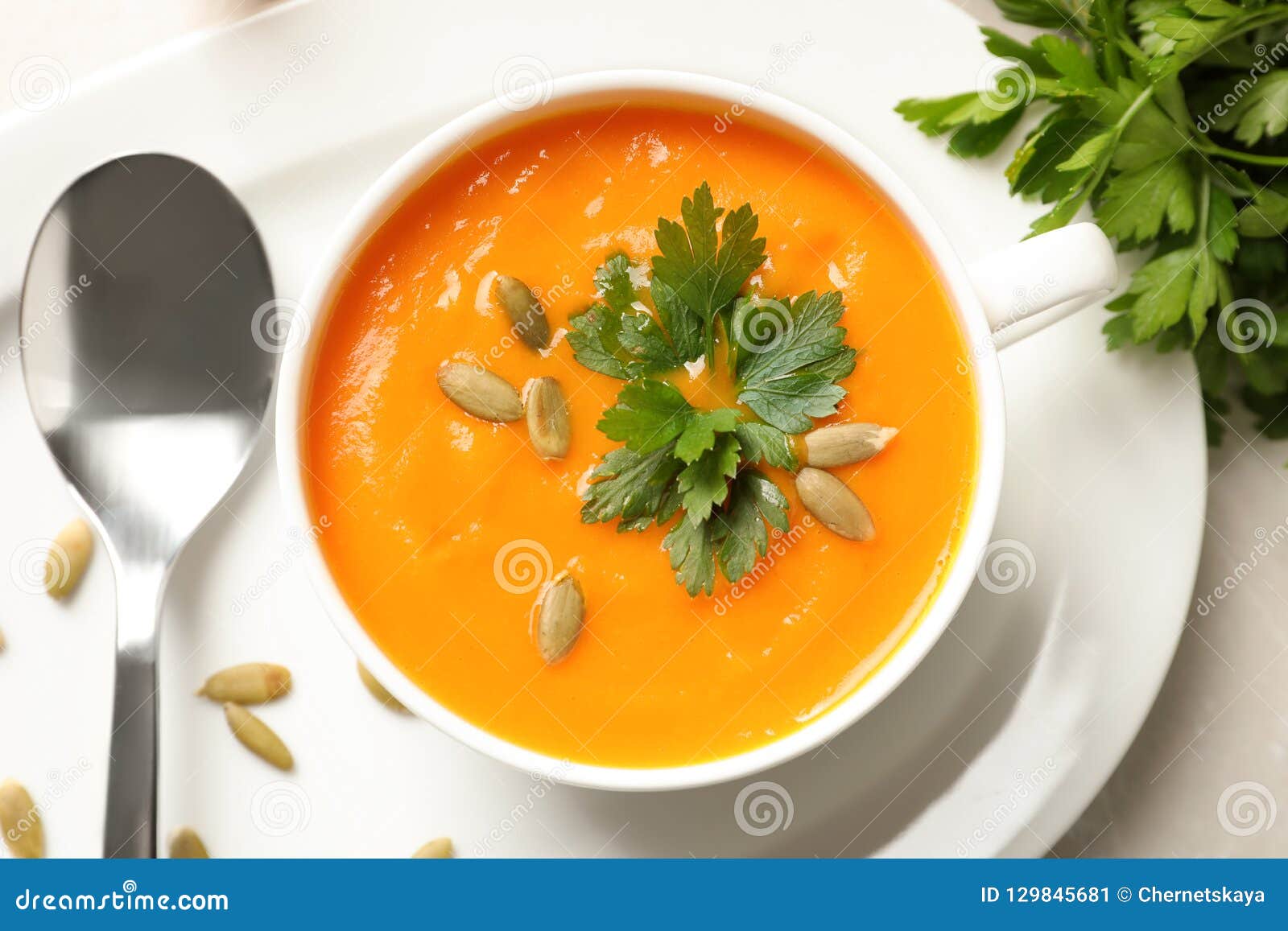 Bowl of Tasty Pumpkin Soup on Table , Top View Stock Image - Image of ...