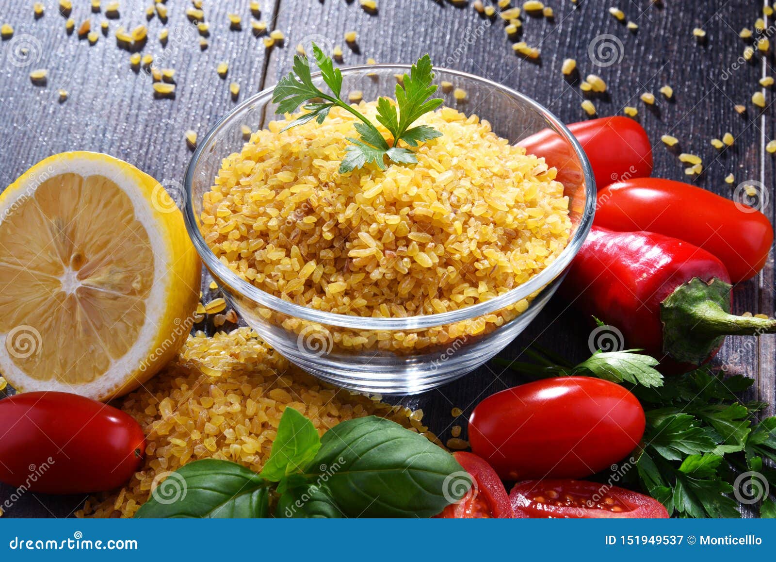 Bowl of Uncooked Bulgur on Wooden Table Stock Image - Image of cooking ...