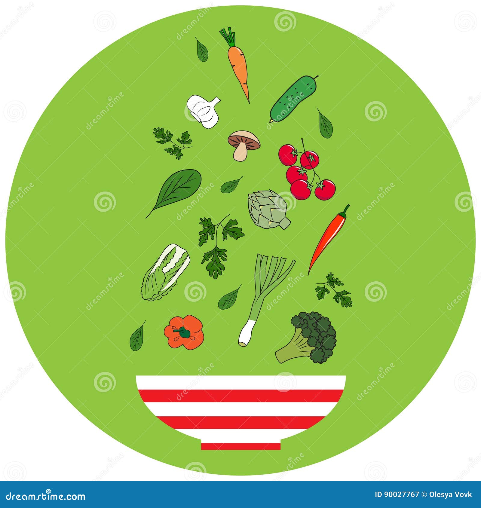 Bowl with Vegetables. Flat Design. Hand Drawn Vector Illustration Stock ...
