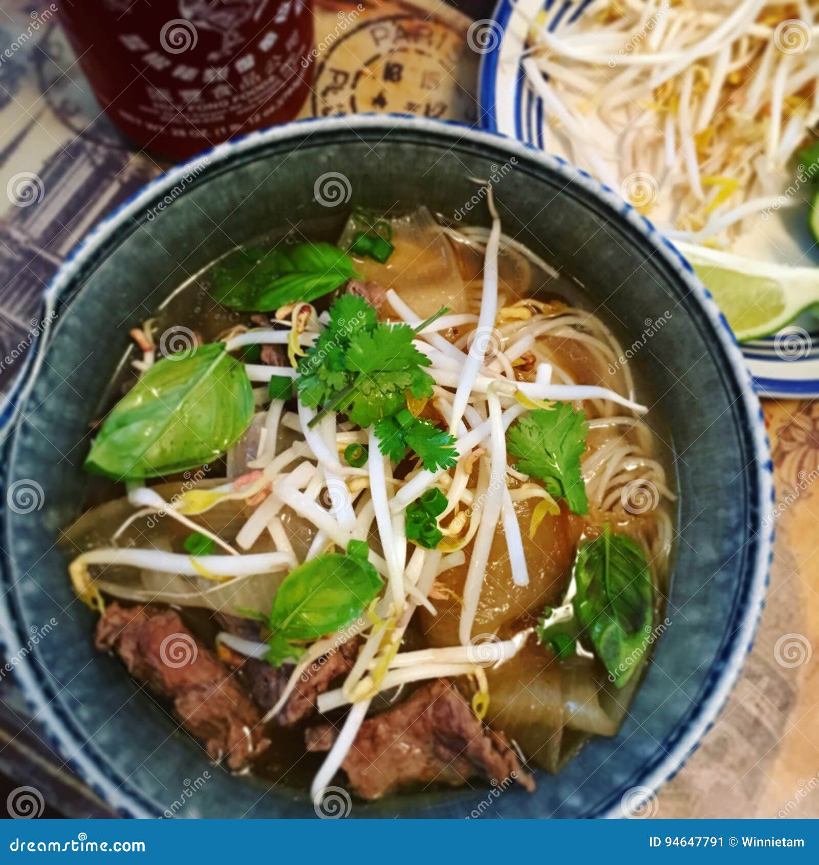 Bowl of Vietnamese pho stock image. Image of green, meat - 94647791
