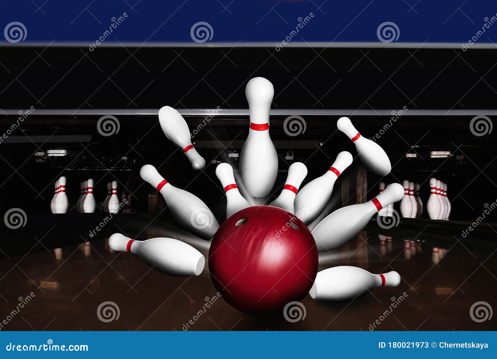 Bowling Ball Bouncing Pins. Successful - Strike Stock Image - Image of ...