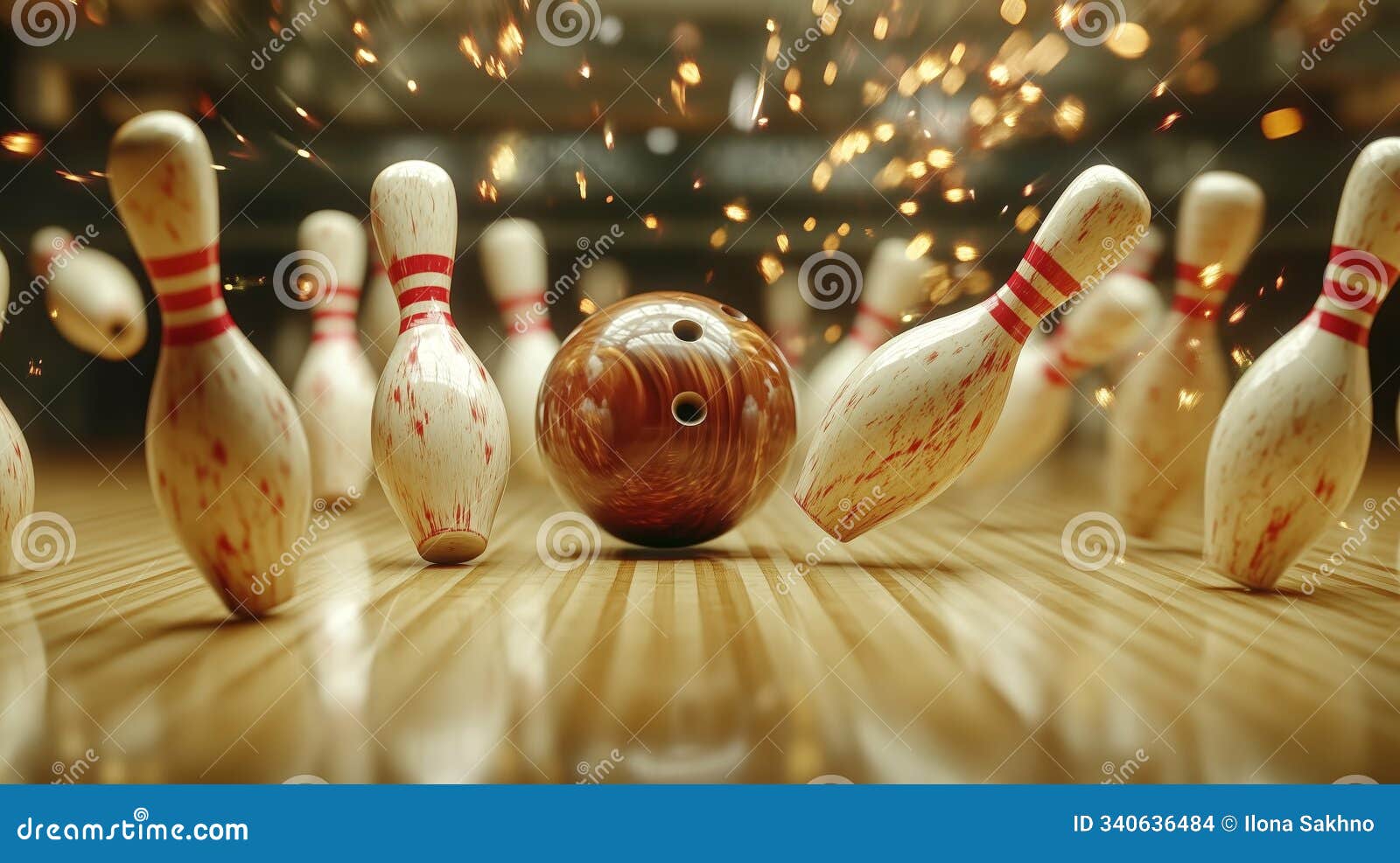 Bowling Ball Hitting Pins with Sparks Flying in a Dramatic Strike Stock ...