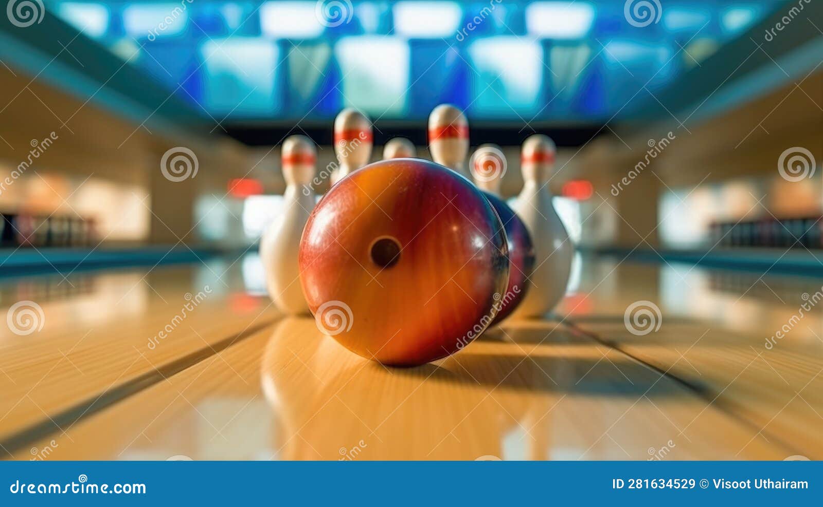 Bowling Ball Set in Front of Ten Pins, Bowling Ball Hitting Pins ...