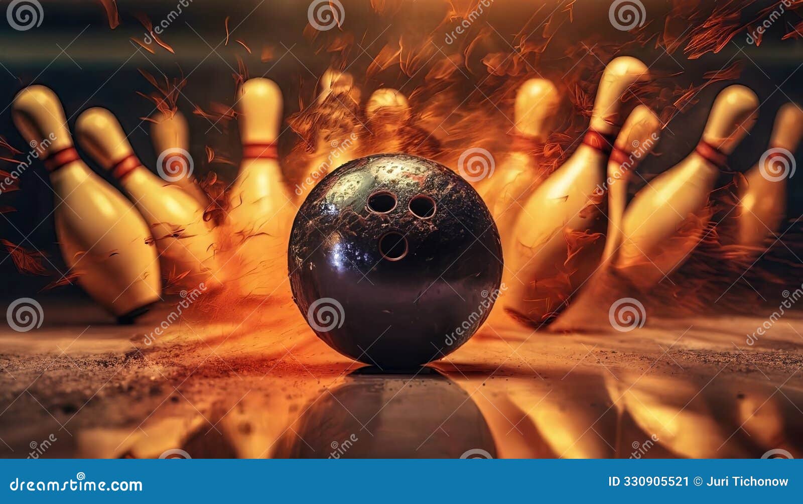 Bowling Ball Strikes Pins with a Fiery Explosion Effect. the Scene ...