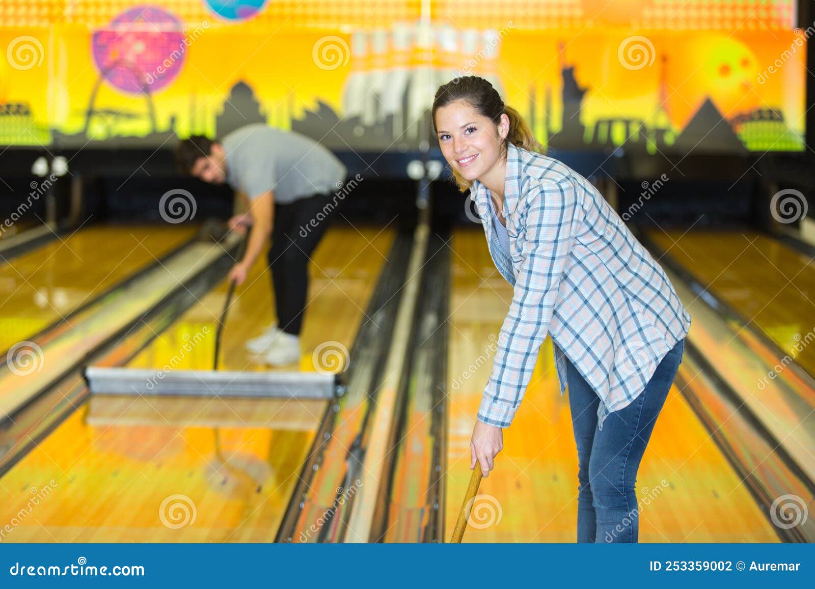 Bowling Center Employees Cleaning Area Stock Photo - Image of teamwork ...