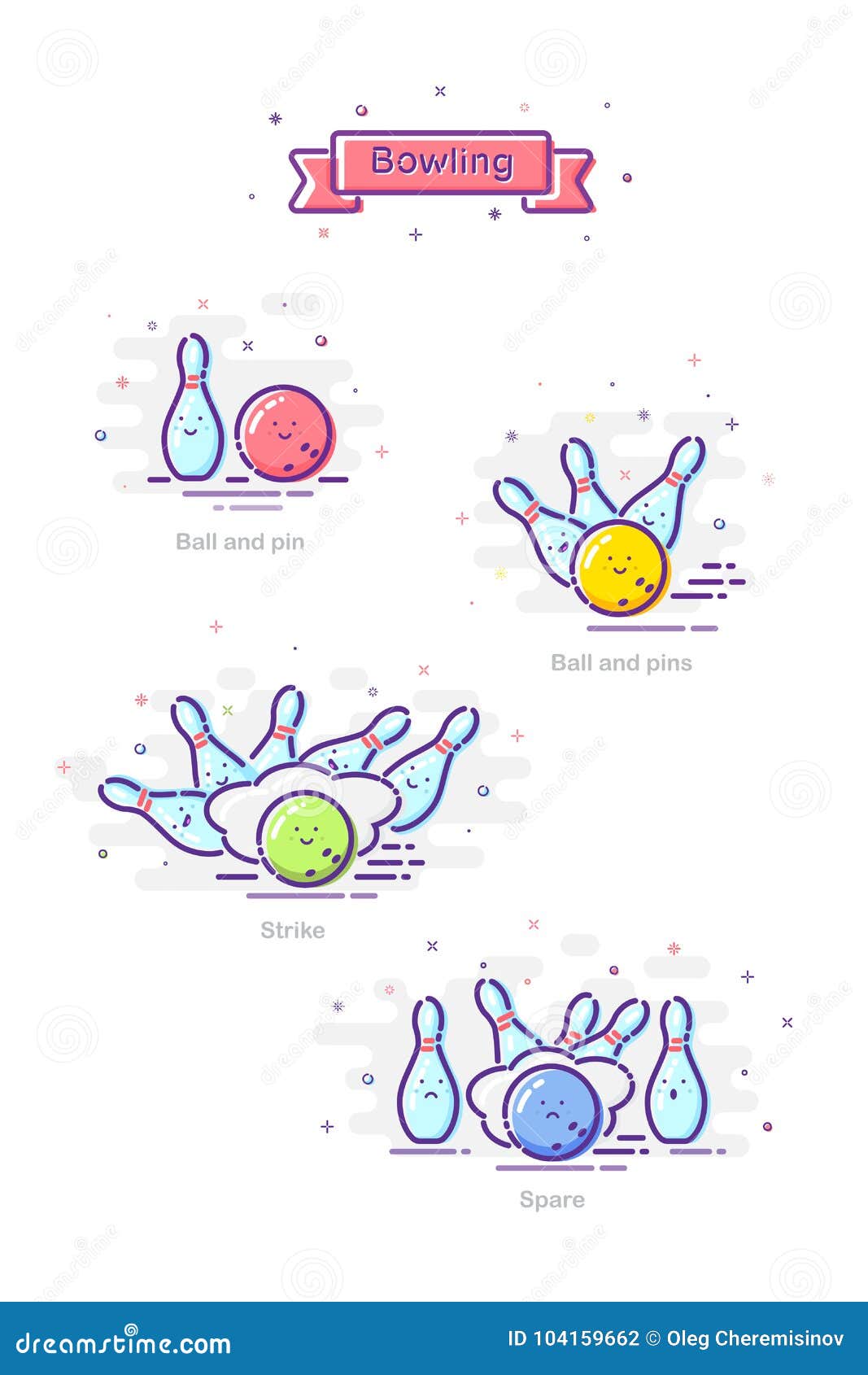 Bowling Design Set in Mbe Style. Vector Flat Bowling Elements. Stock ...