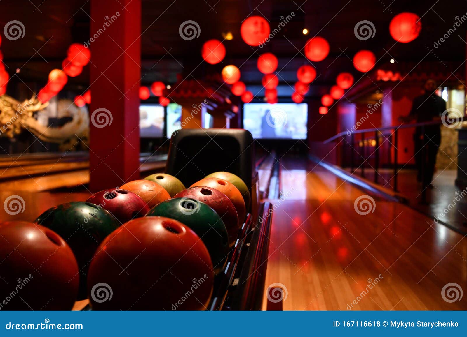 Bowling Lane and Balls in the Row in Bowling Center. Stock Photo ...