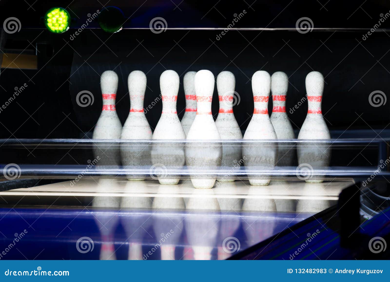 Bowling Pins on the Playing Field are Reflected in Blue Stock Image ...