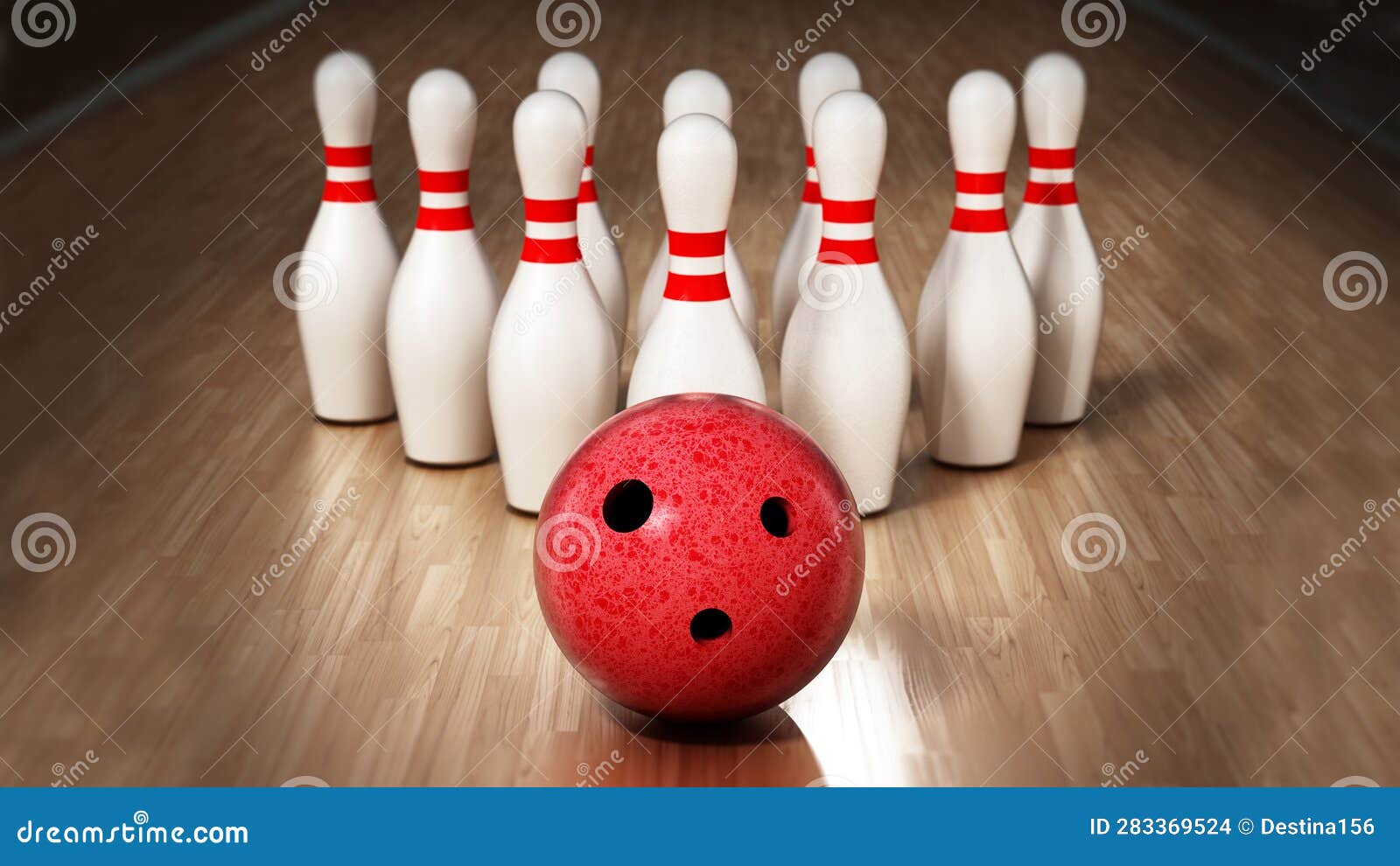 Bowling Pins and Red Bowling Ball Standing on Wooden Surface. 3D ...