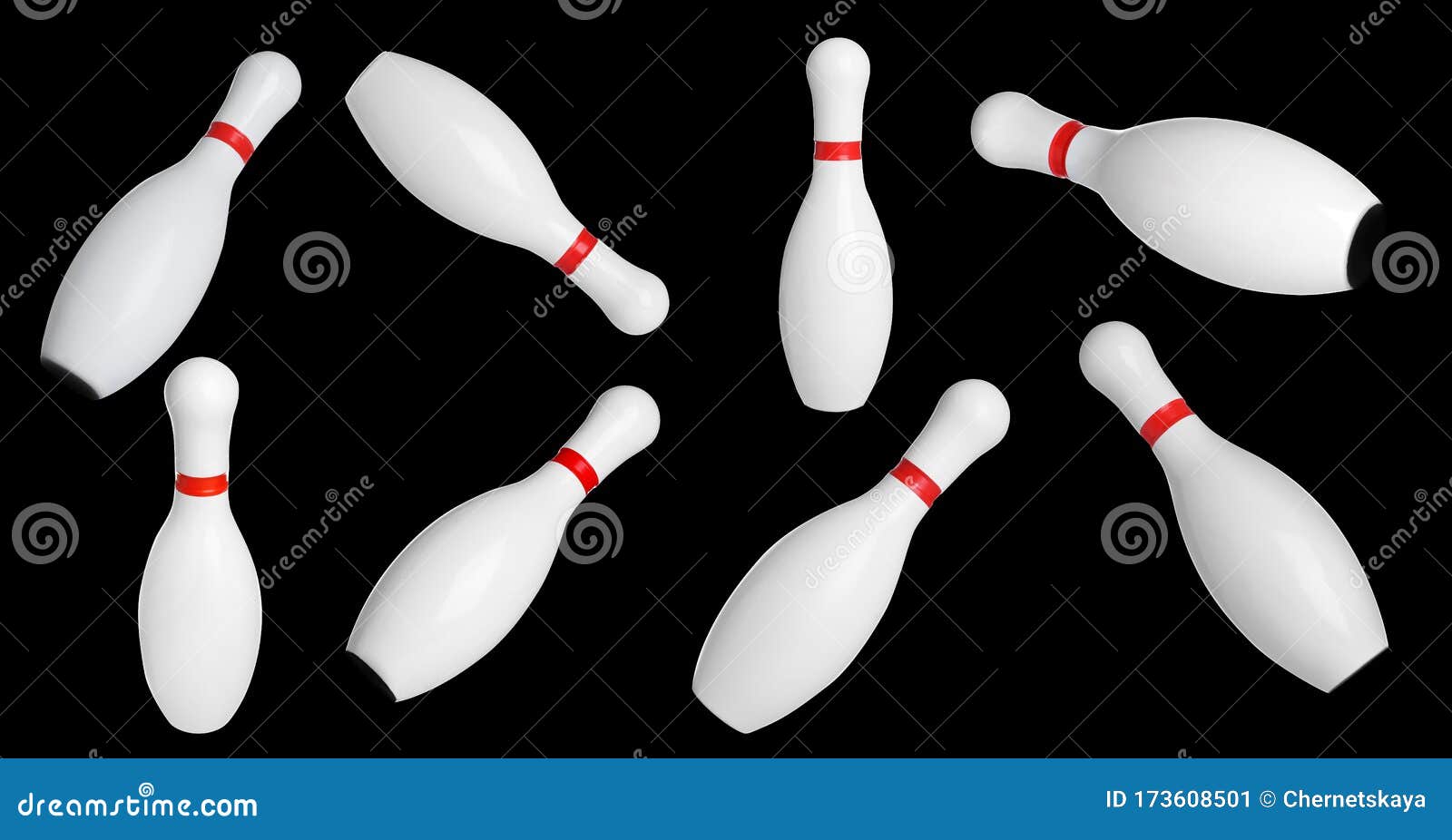 Bowling Pins with Red Stripes on Black Background Stock Image - Image ...