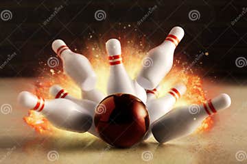 Bowling Strike Hit with Fire Explosion. Minimal Concept of Success and ...