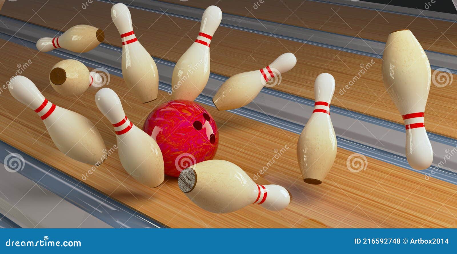 Bowling Strike Pins and Bowling Ball on the Track. 3D Render Stock ...