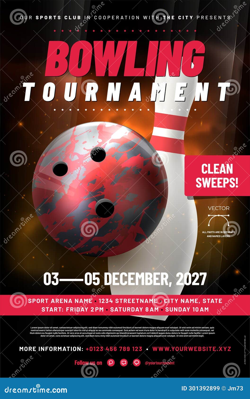 Bowling Tournament Poster Template with Ball, Sweep and Sample Text ...