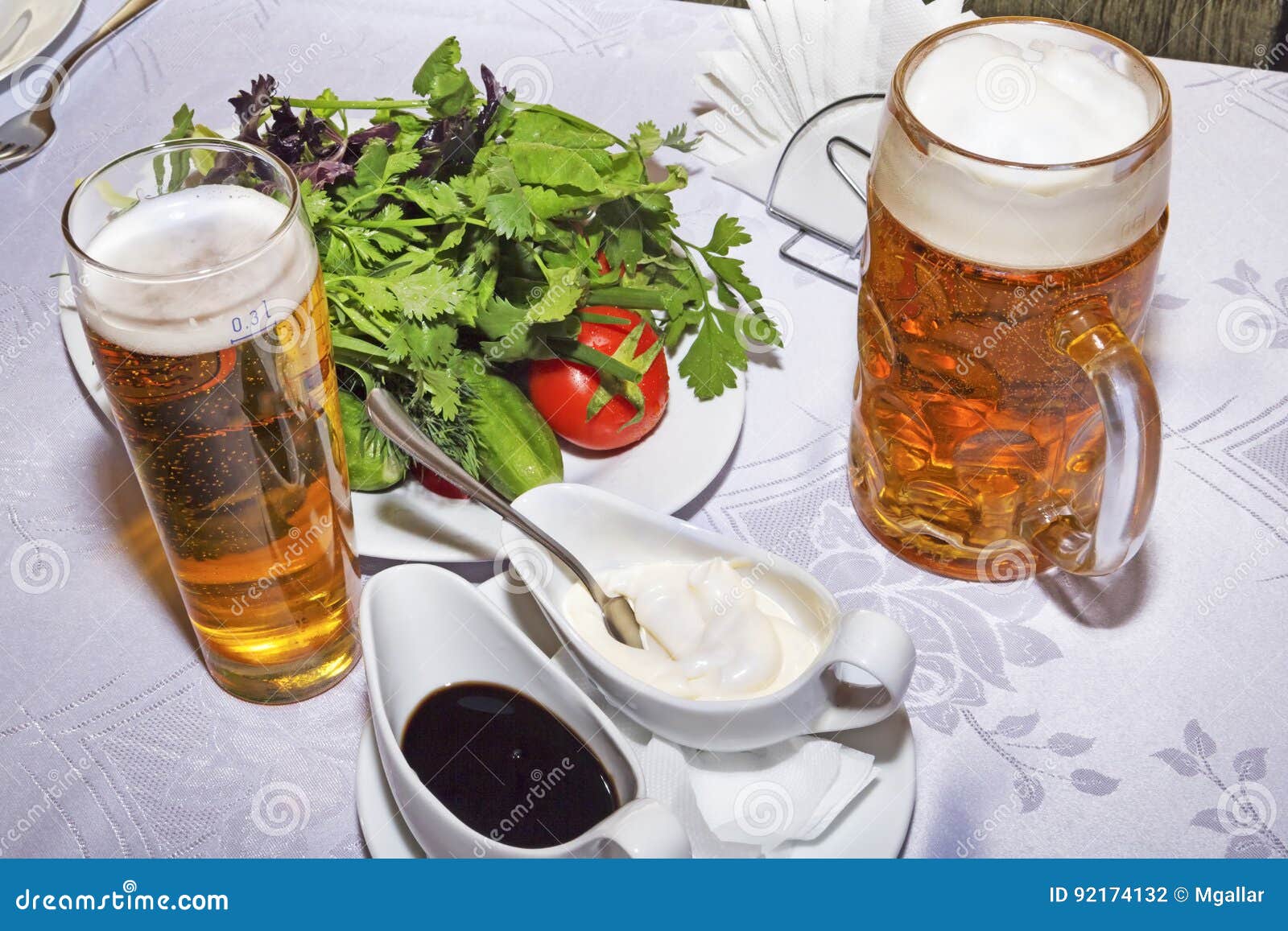 Bowls of Beer with Fresh Vegetables and Aromatic Sauces Stock Photo ...