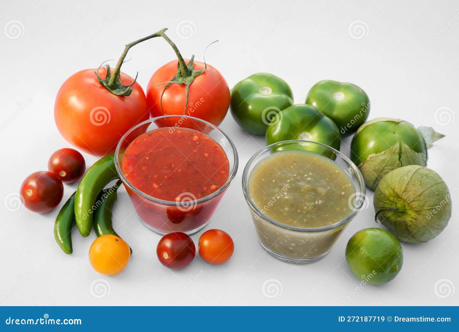 Bowls with Delicious Salsa Sauces and Ingredients on White Background ...