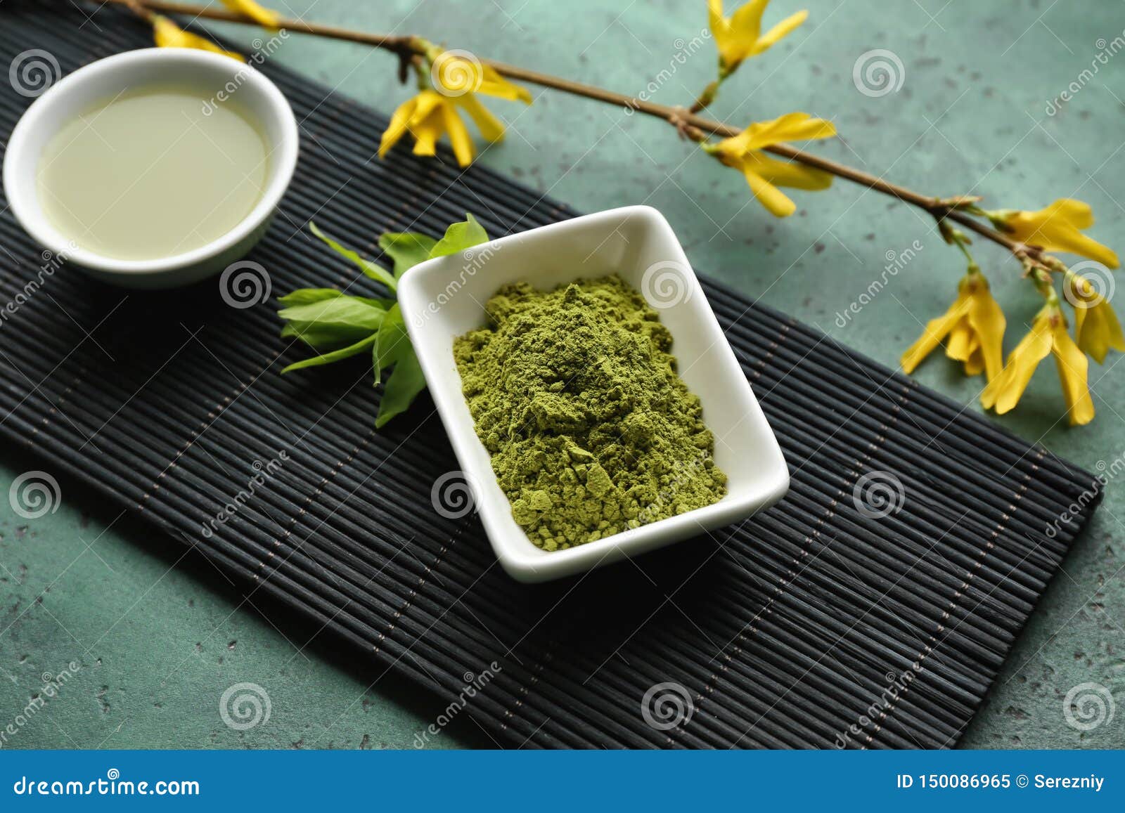 Bowls of Fresh Matcha Tea and Powder on Bamboo Mat Stock Image - Image ...