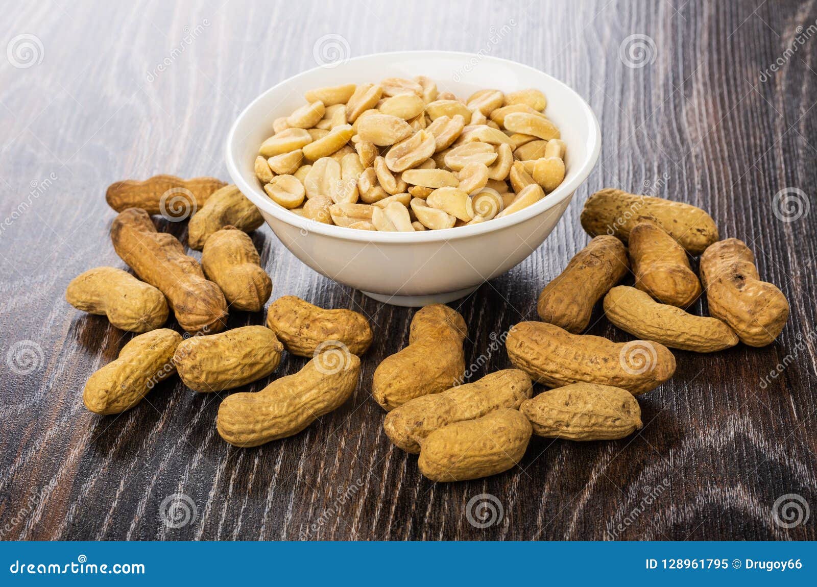 Bowls with Fried Peeled Peanuts and Peanuts in Shell Stock Image ...