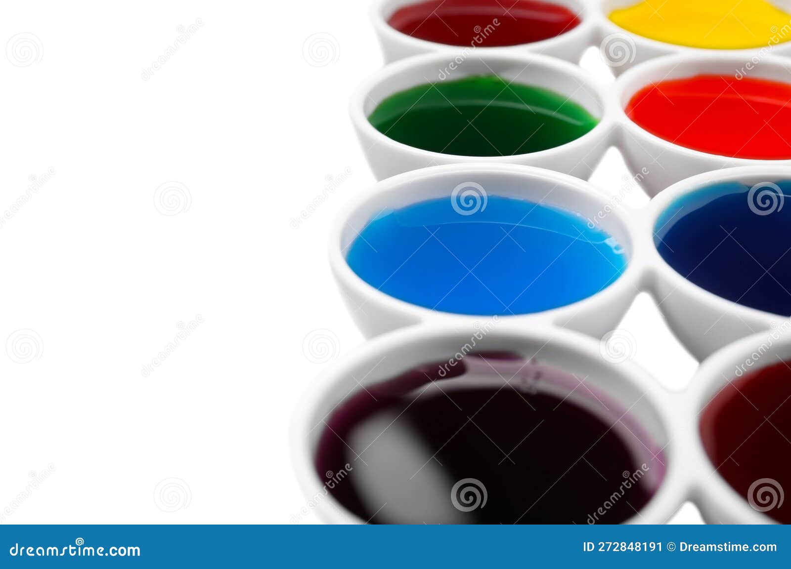 Bowls with Many Different Food Coloring on Light Grey Table, Closeup ...