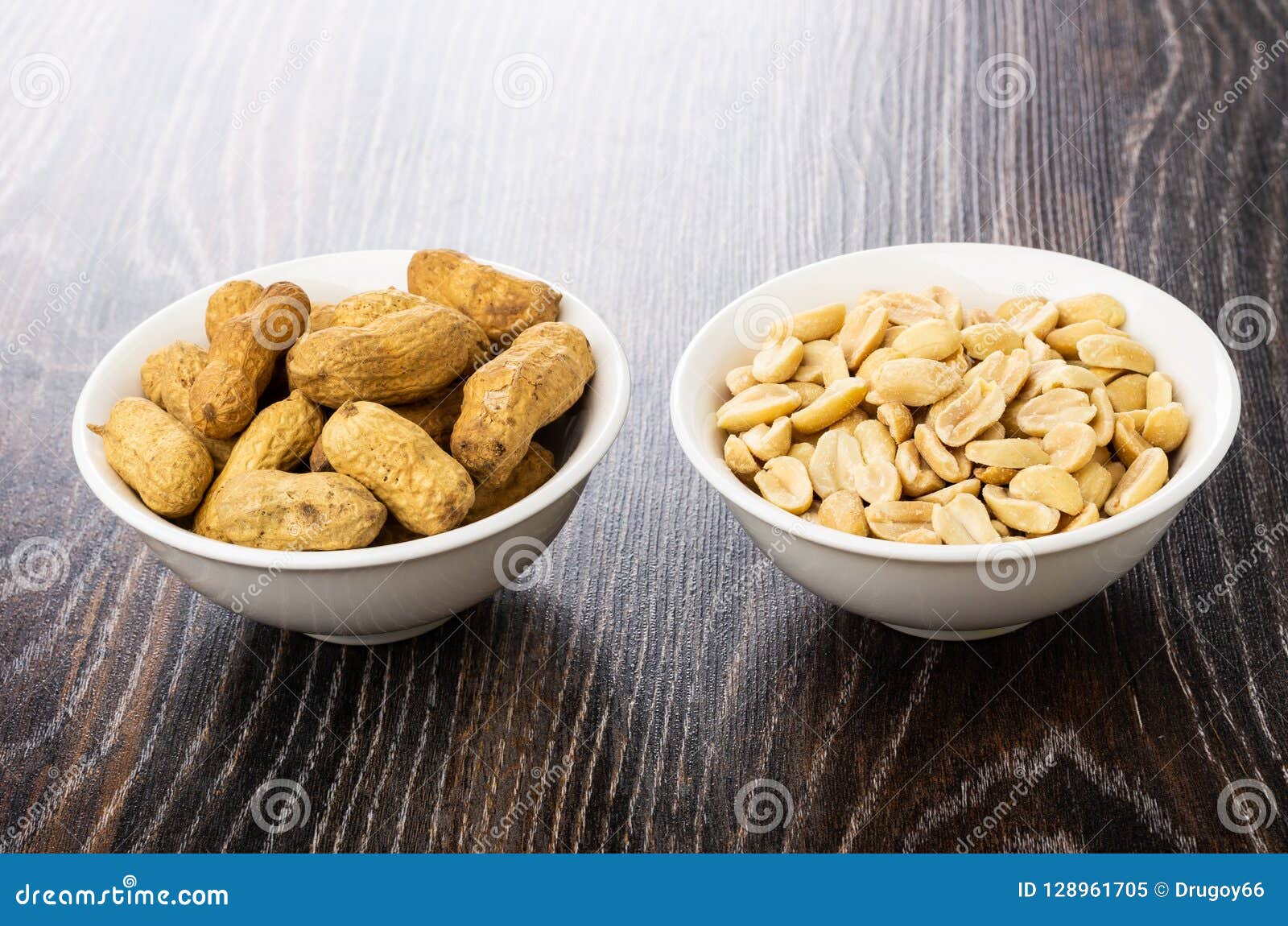 Bowls with Peanuts in Shell and Peeled Peanuts on Table Stock Image ...