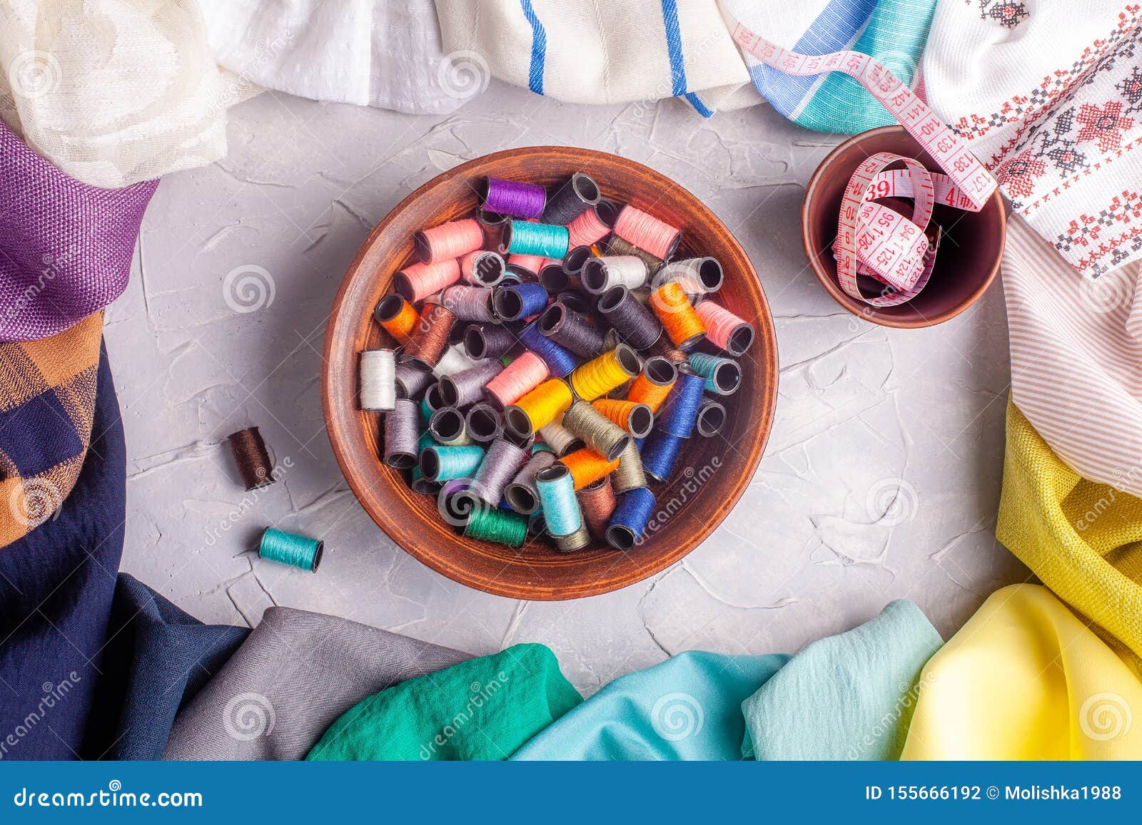 Bowls with Spools of Thread and Tape Measure in Fabric Multi-colored ...