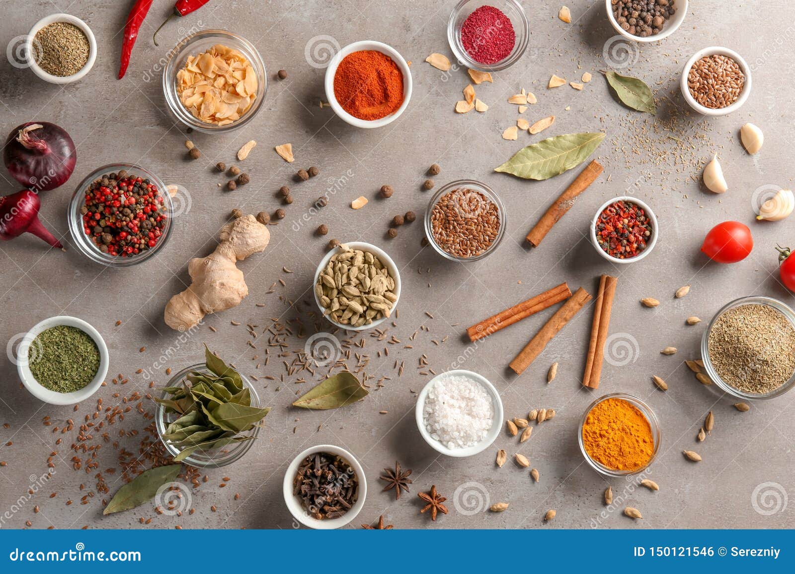 Bowls with Various Spices on Grey Background Stock Photo - Image of ...