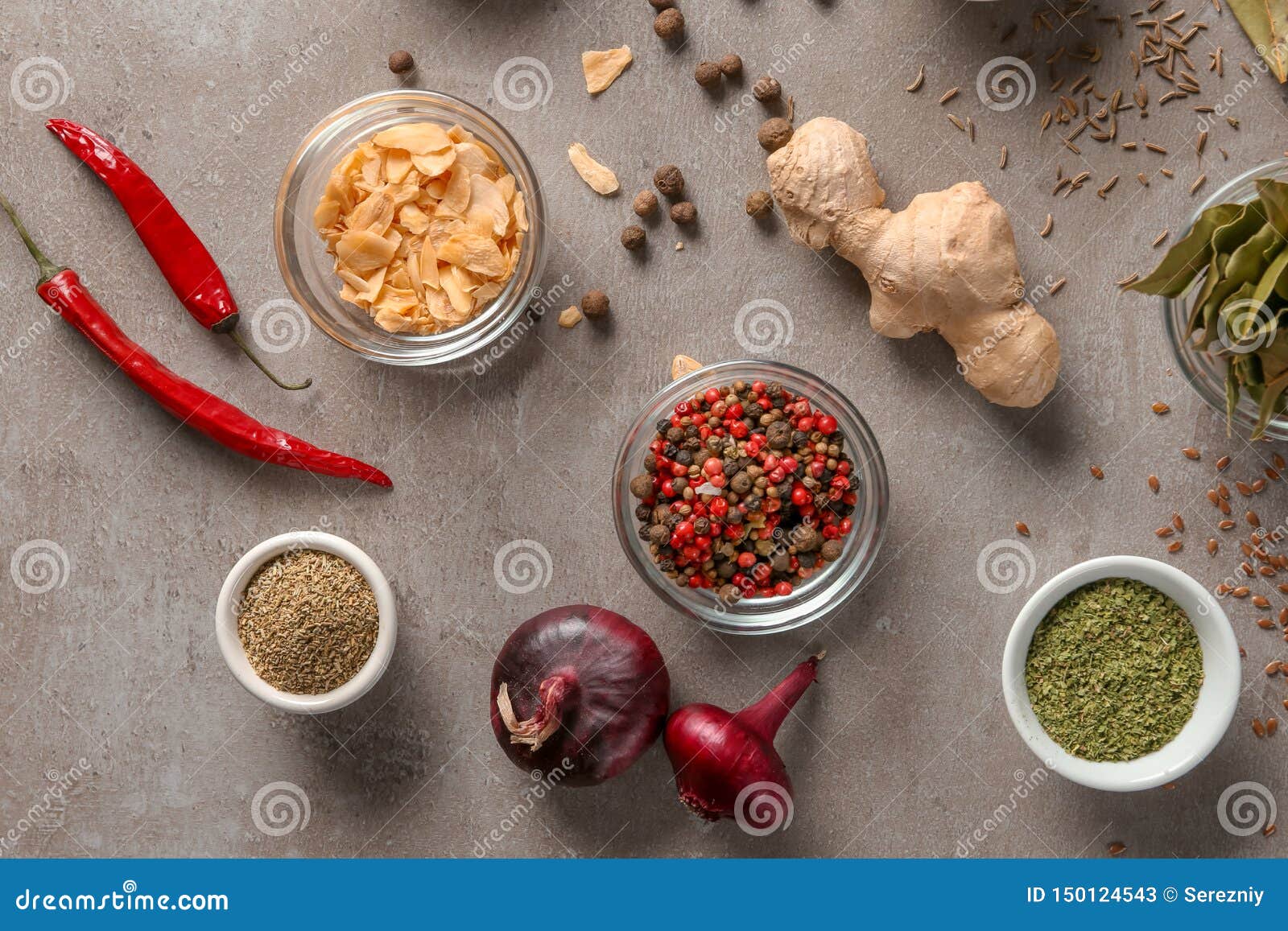 Bowls with Various Spices on Grey Background Stock Image - Image of ...