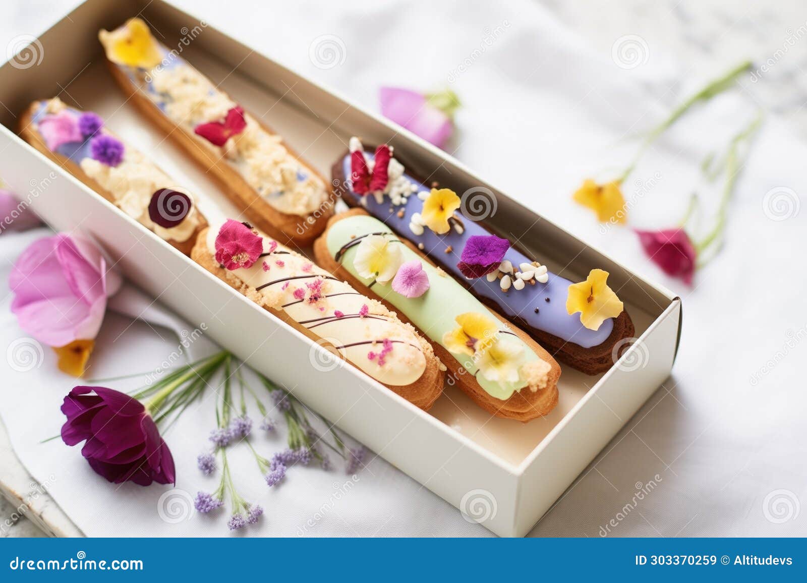 Box of Assorted Eclairs with Various Toppings Stock Image - Image of ...