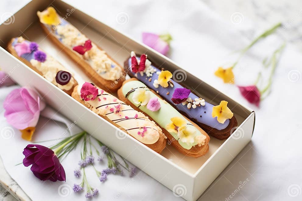 Box of Assorted Eclairs with Various Toppings Stock Image - Image of ...