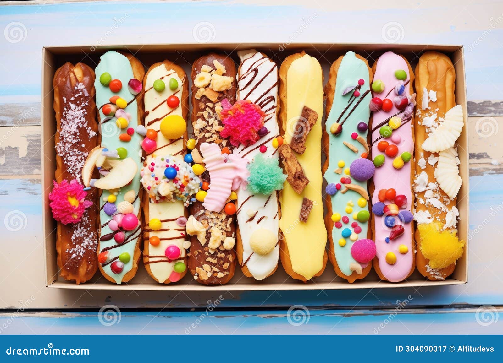 Box of Assorted Eclairs with Various Toppings Stock Image - Image of ...