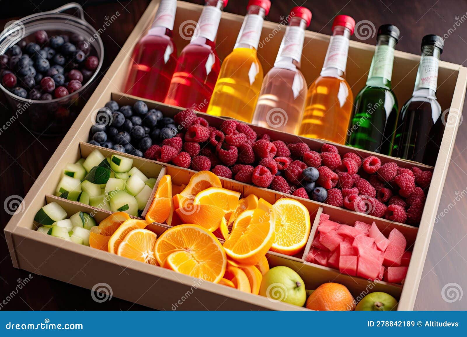 Box of Assorted Fruit Pieces and Bottles of Water for Making Flavored ...
