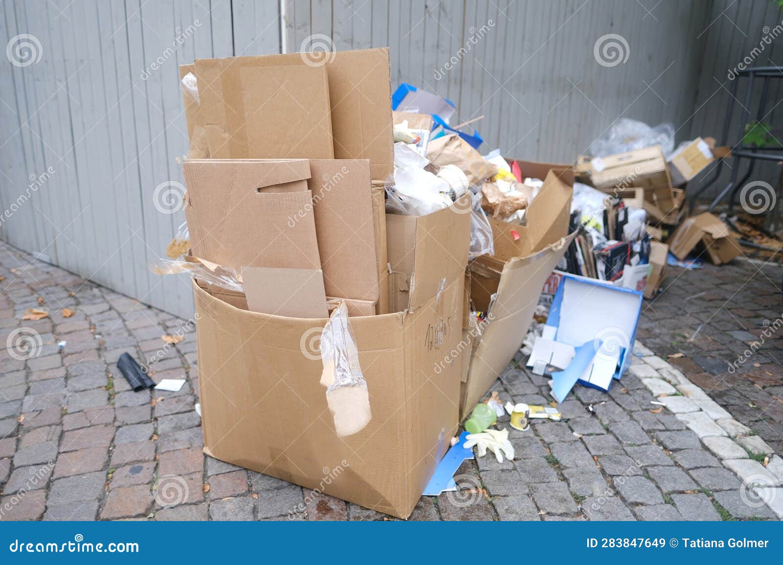 Box with Cardboard Packages on Street, Sheets Used Paper for Recycling ...