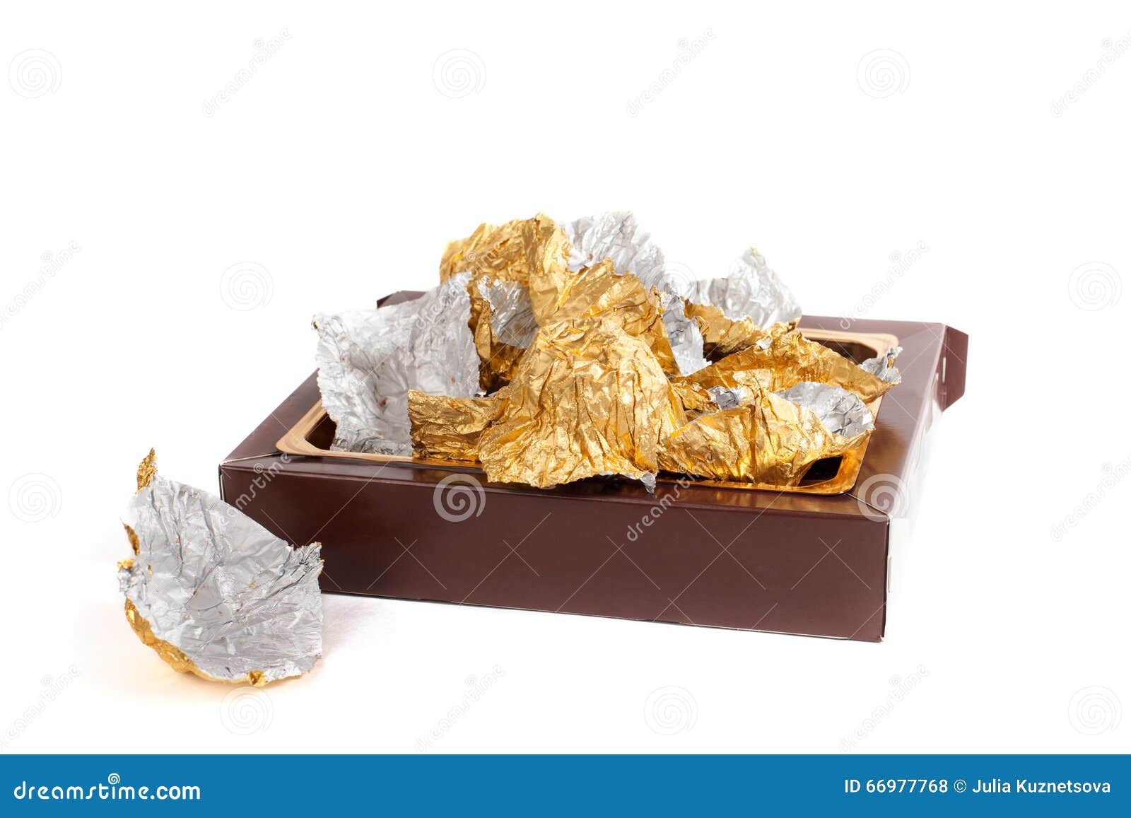 Box and chocolate wrappers stock photo. Image of food - 66977768