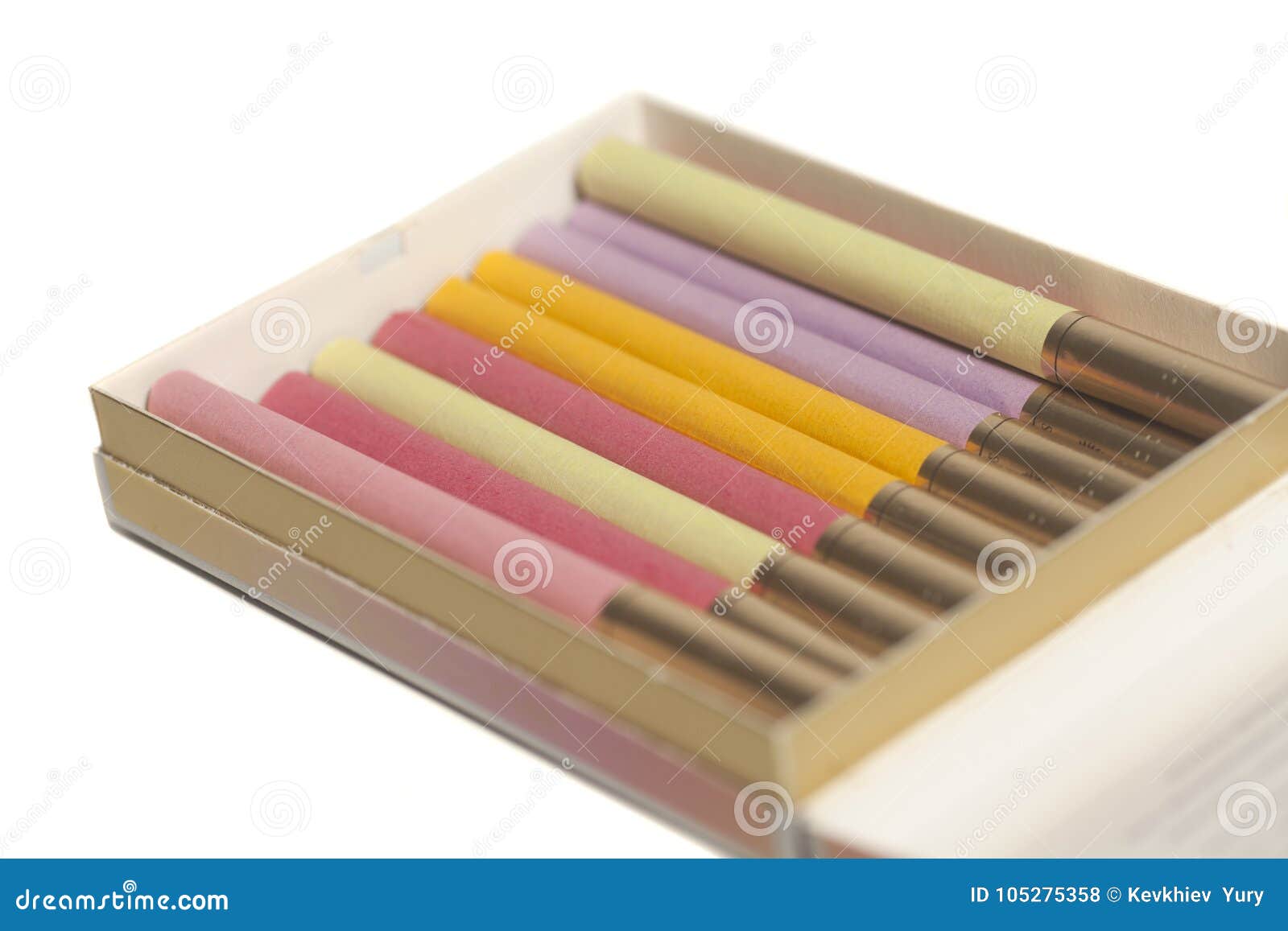 Box of colorful cigarettes stock photo. Image of illness - 105275358